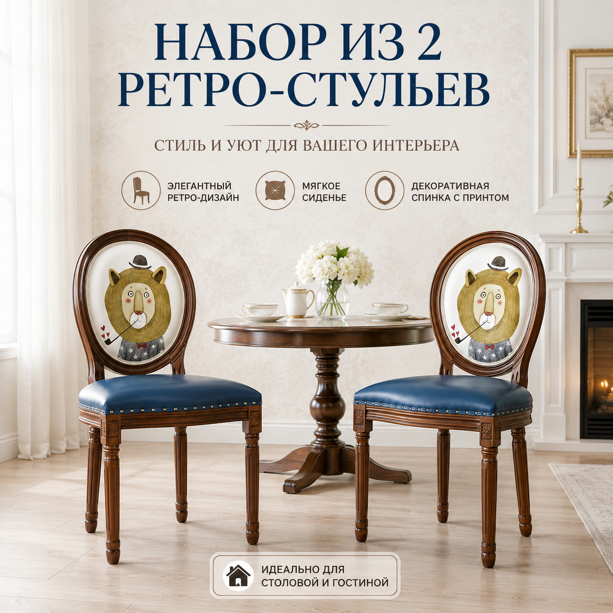 Деревянные стулья с рисунком льва, винтажный дизайн, сиденье с металлическими заклепками 2 штуки