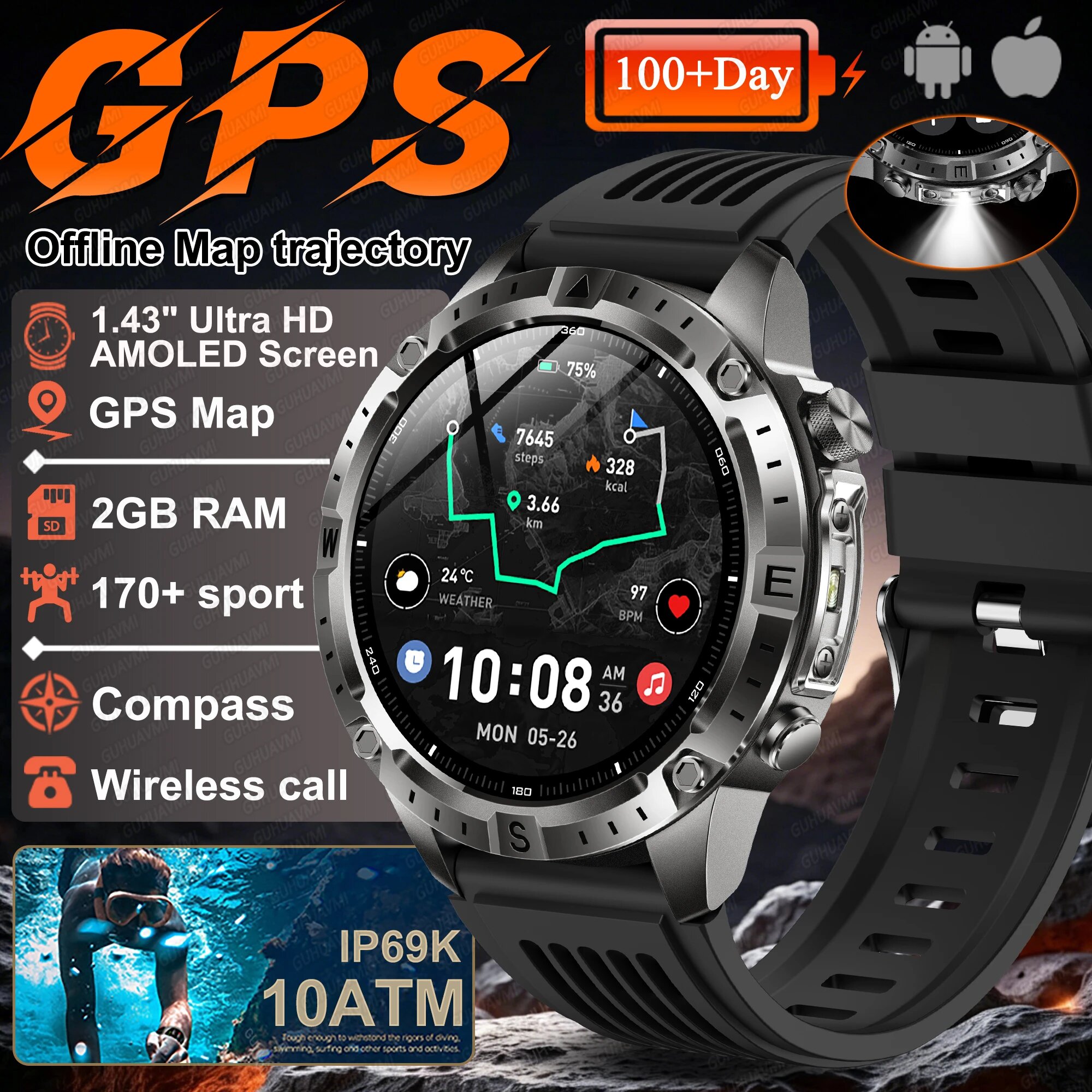 Мужские умные часы 2026 года с GPS, офлайн картами и музыкой Black