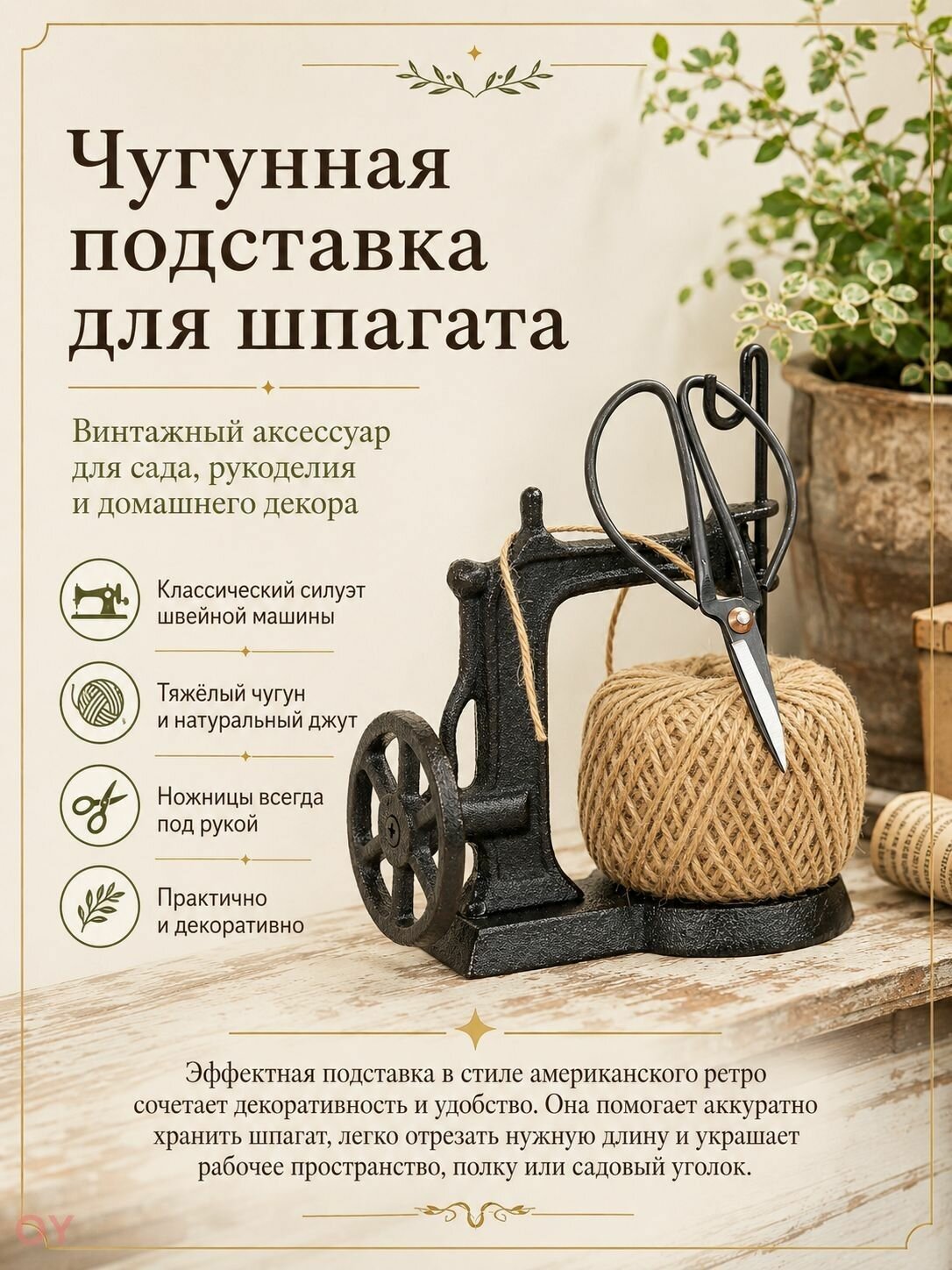 Держатель для шпагата из чугуна, винтажный стиль, черный