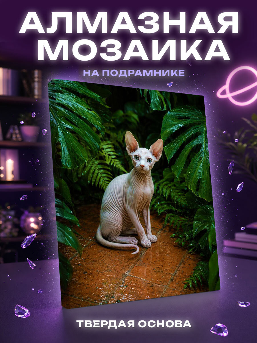 Алмазная мозаика Котенок сфинкса среди листьев монстеры