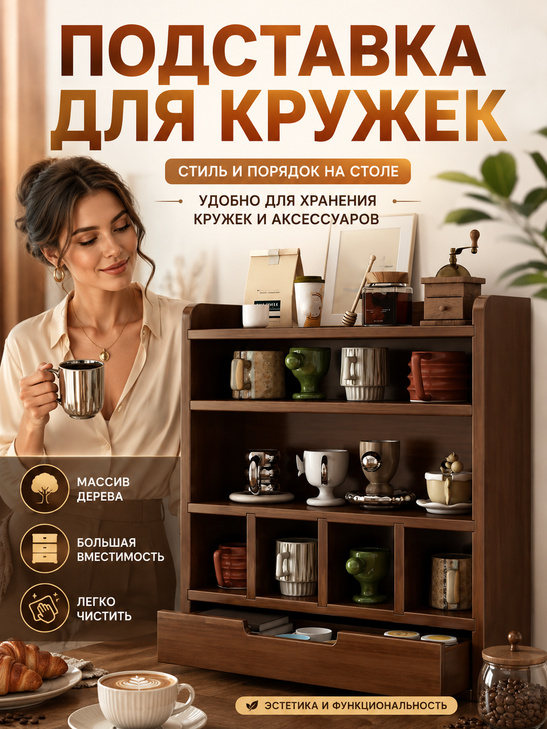 Органайзер для косметики деревянный с полками и ящиком, настольный хранилище средств для макияжа в спальне
