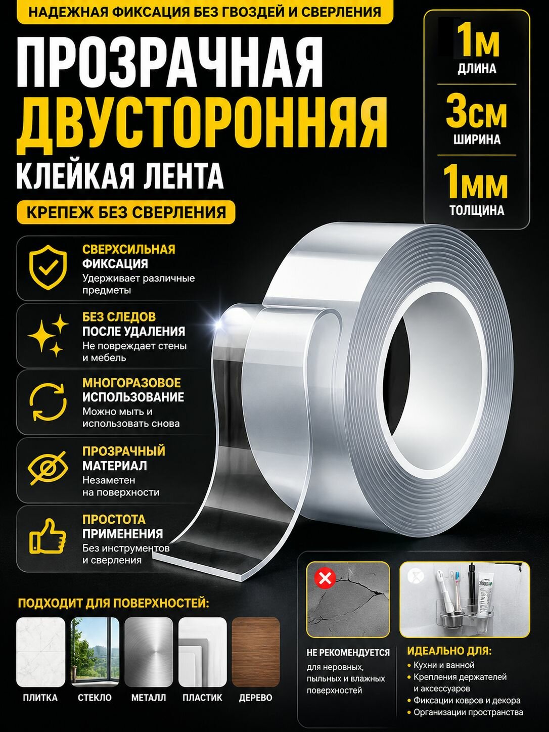 Скотч двусторонний многоразовый 3 см 1 мм, прозрачная клейкая лента, сверхсильная фиксация без следов, для кухни, ванной, дома