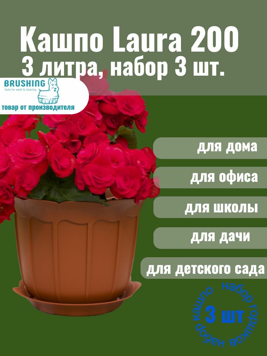 Горшок, кашпо с поддоном, 3 л, набор 3 штуки. "Laura 200 терракот"