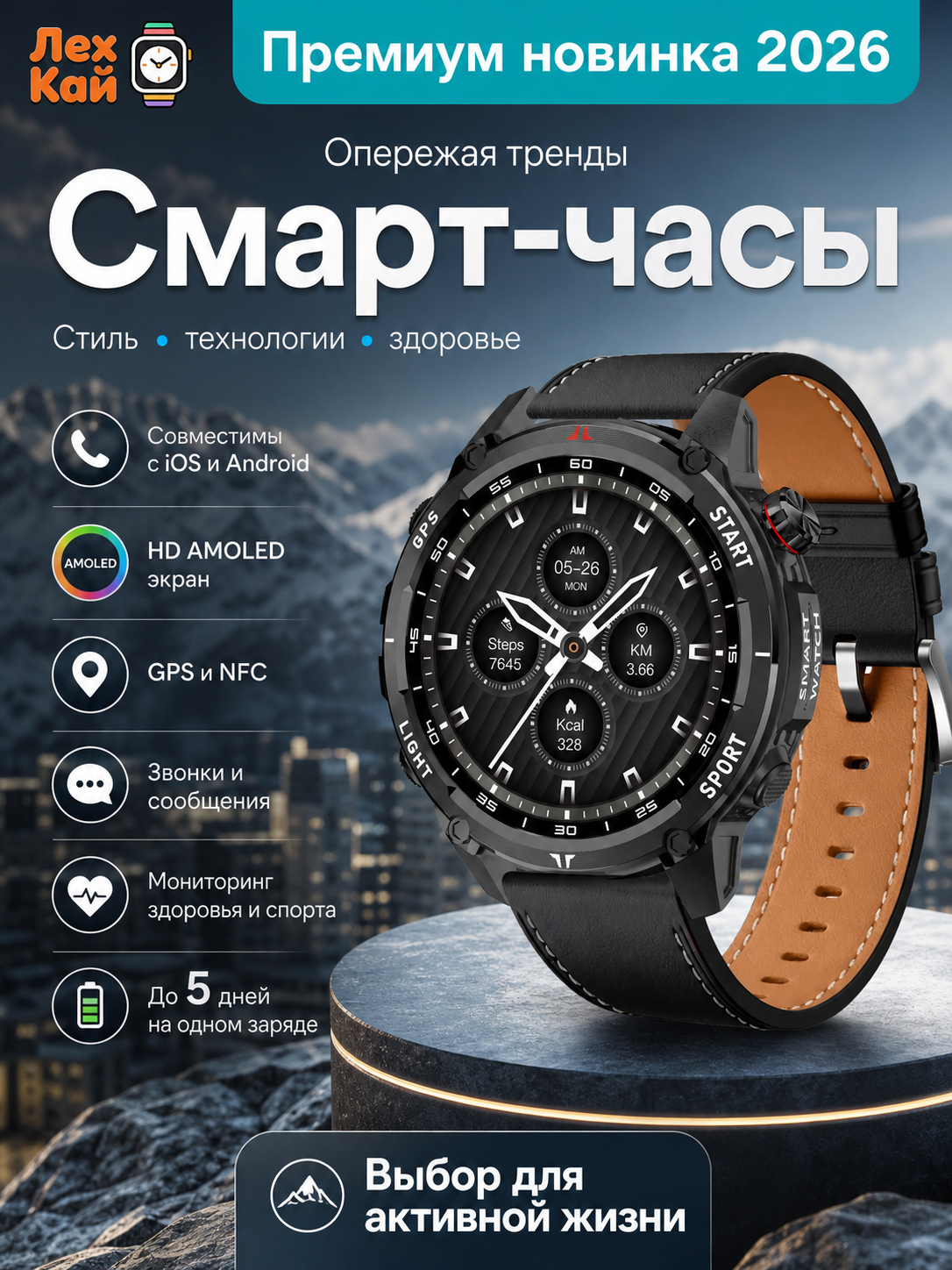Умные часы LeKai W10Pro GPS, с голосовым помощником, AMOLED-дисплей, кожаный ремешок