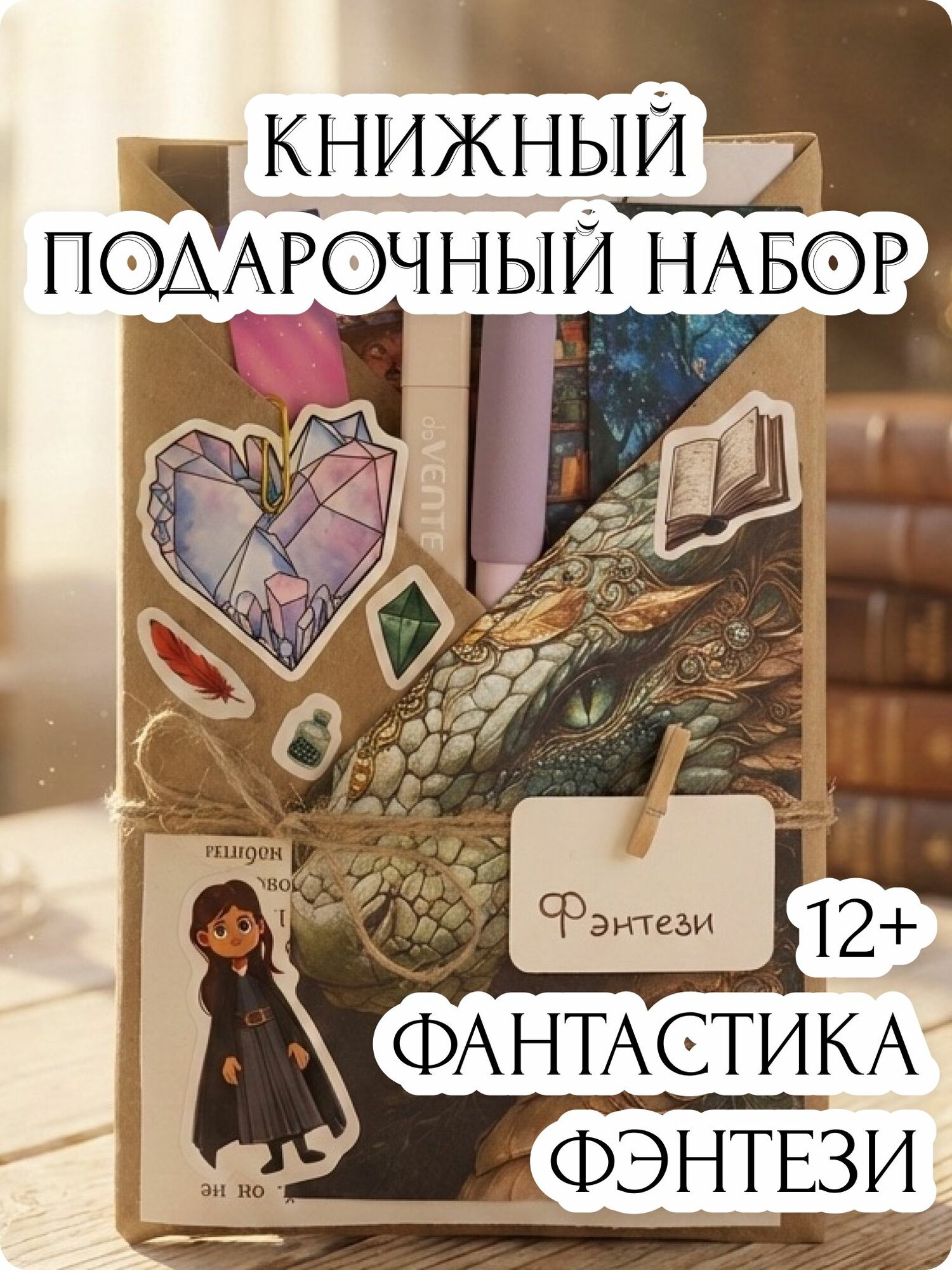 Книжный подарочный набор 12+ с книгой в жанре Фэнтези/Фантастика, 8+ предметов