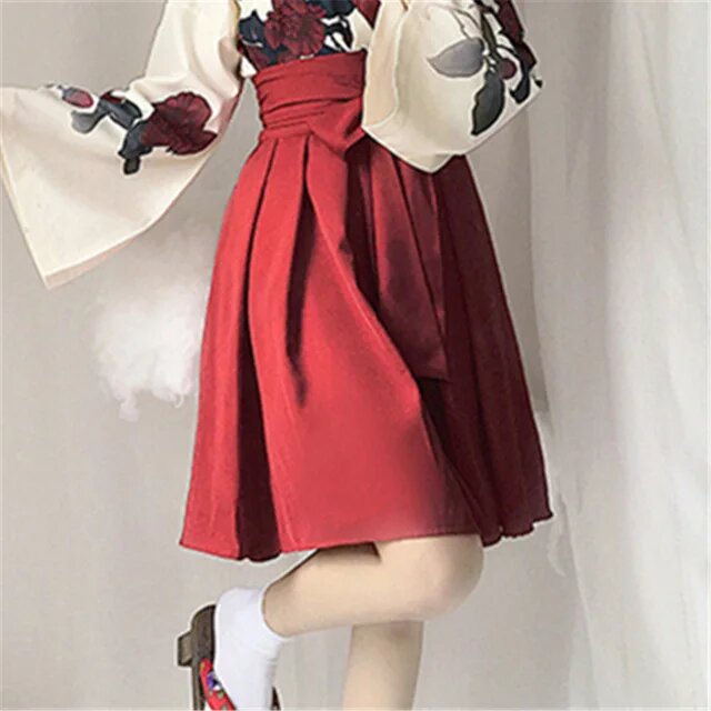 Женское японское кимоно с цветочным принтом Красный, XL, Short Skirt