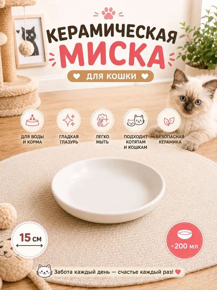 Белая керамическая миска для кошки, широкая низкая миска для еды и воды 200 мл, для сухого и влажного корма, без рисунка