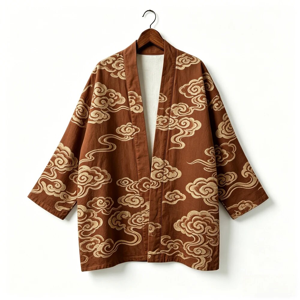 Хлопковое кимоно Wearyourface «Облака и журавли» Коричневый, M, Haori Jacket10