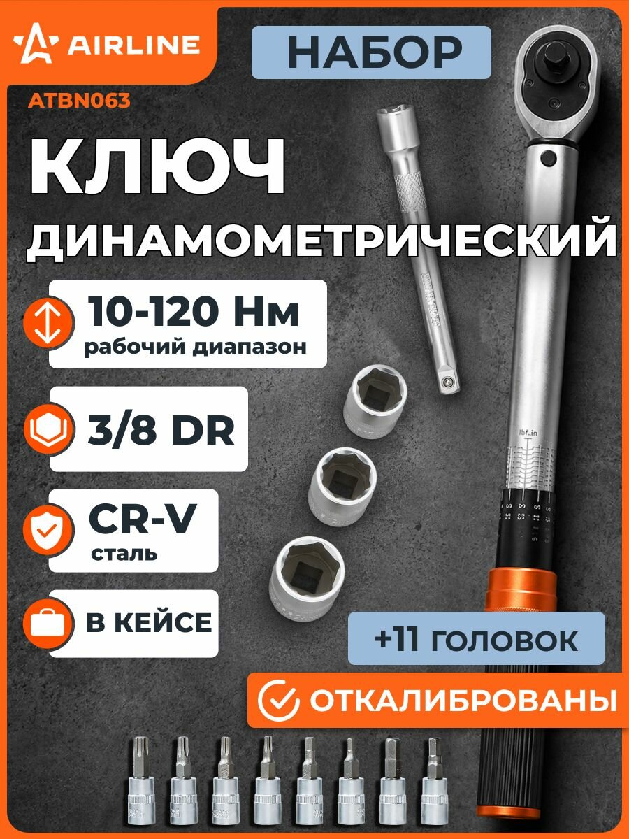 Ключ динамометрический 3/8" 10-120Нм PRO, набор 13пр. (биты, голов 10,14,17 удл75), кейс
