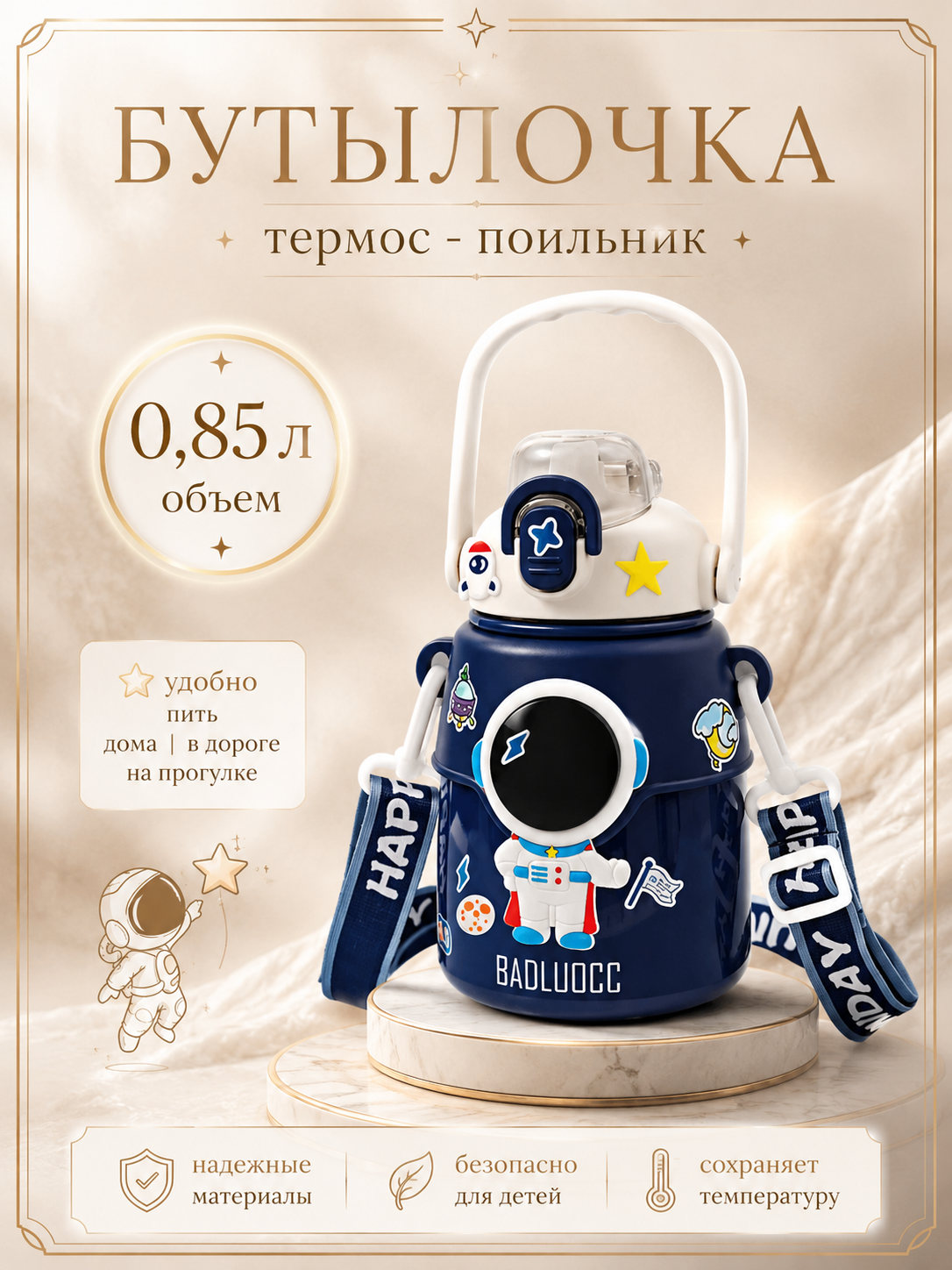 Термос детский с ремешком Космос, Термобутылка для горячих напитков с ручкой, Непроливайка с кнопкой, 850мл, Синий