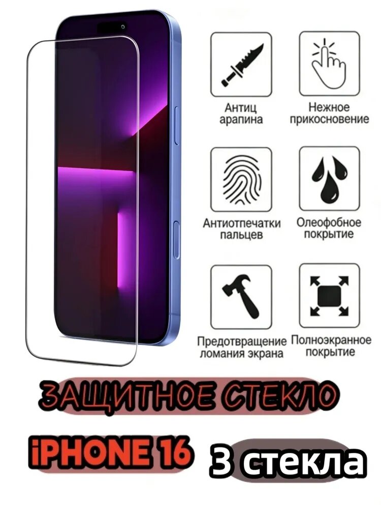 3 шт Защитное стекло на iphone16, стекло с противоударной функцией защищает экран от повреждений в результате столкновения.