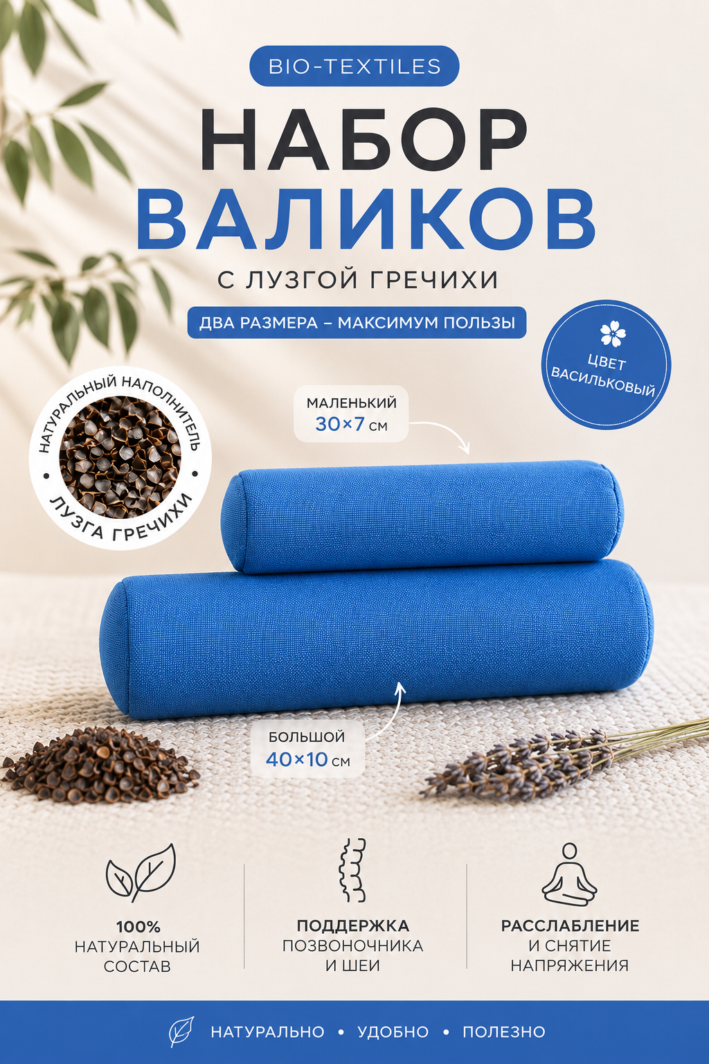 Набор валиков для йоги BIO-TEXTILES, большой 40×10 и детский 30×7 см, рогожка, васильковый, с лузгой гречихи