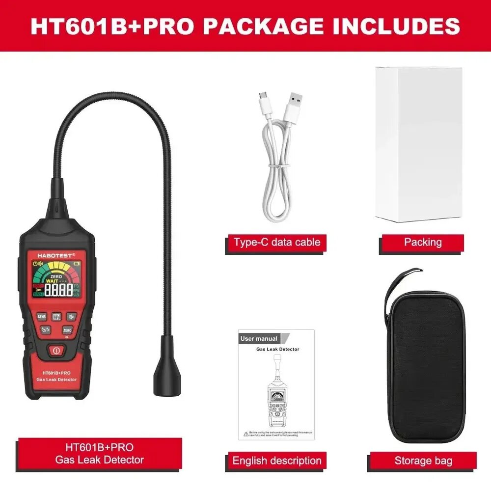 HABOTEST HT601B+PRO Детектор утечки газа, детектор природного метанового газа, гибкий зонд