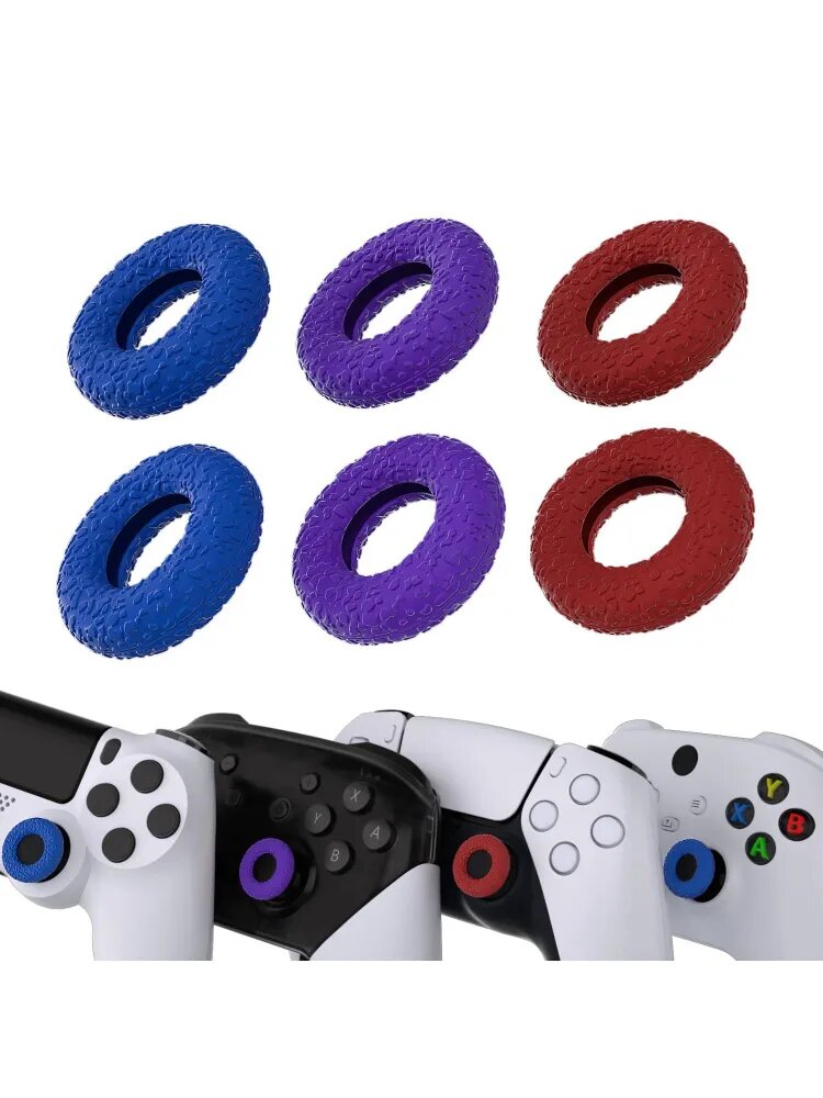 PlayVital Кольца для стиков Donut 6 шт, противоскользящие силиконовые накладки для PS5, Xbox Series X/S, Xbox One, Switch 2 Pro, защита и улучшение управления, красный синий фиолетовый