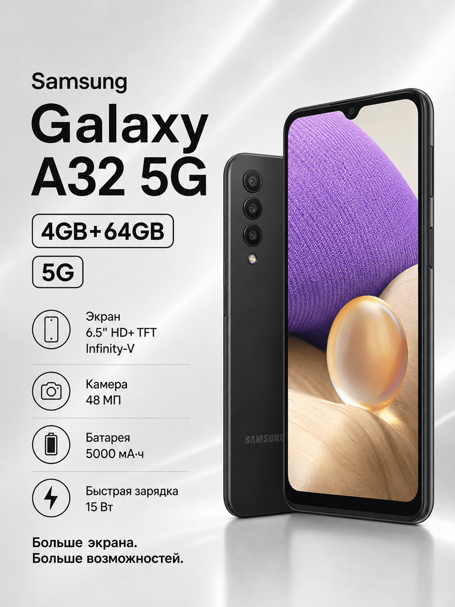 Смартфон Samsung Galaxy A32 4 ГБ/64 ГБ, аккумулятор 5000 мАч, черный (A32-A325N)