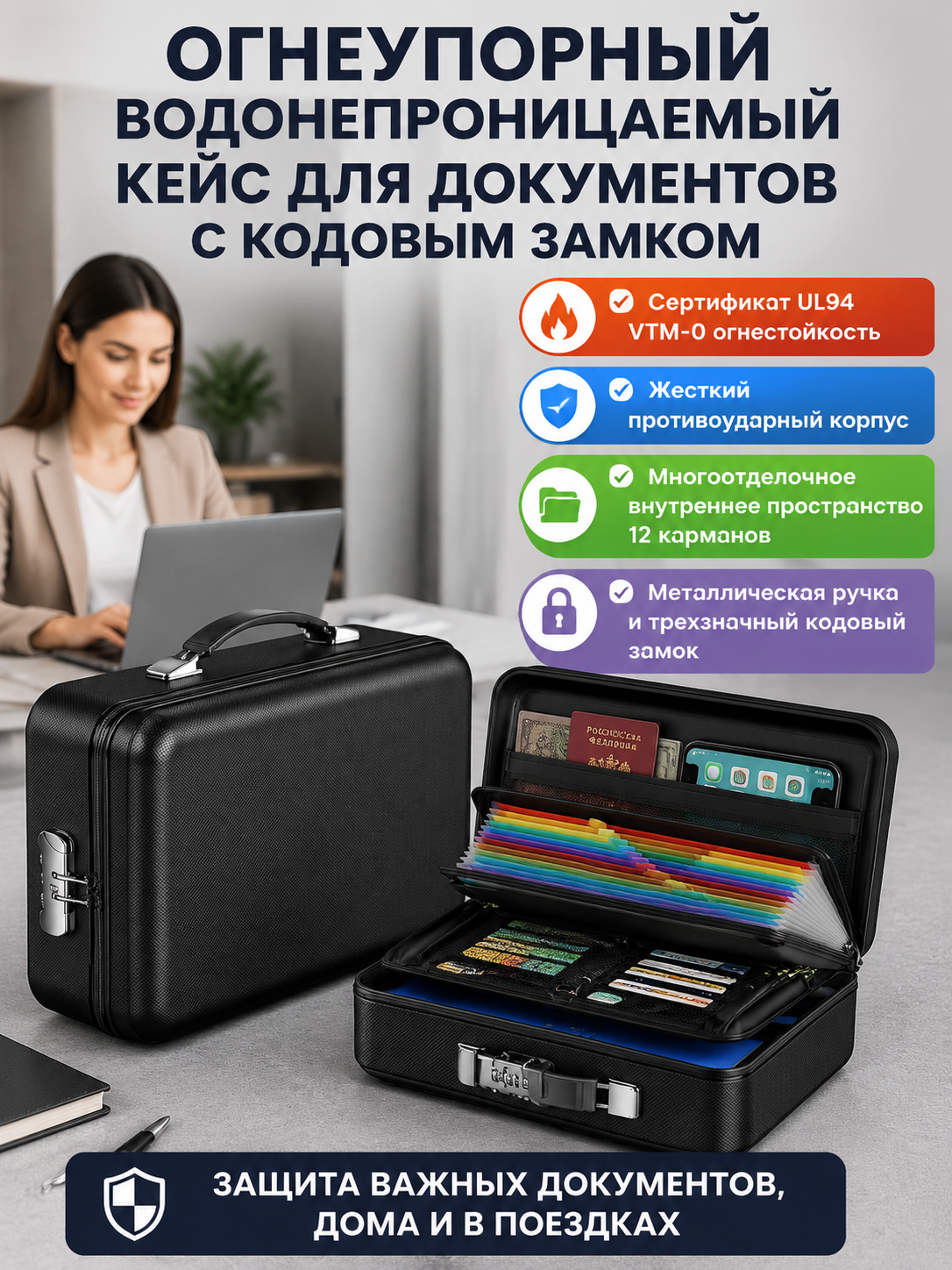 Огнеупорный сейф, для документов, с кодовым механическим замком, UL94, VTM-0