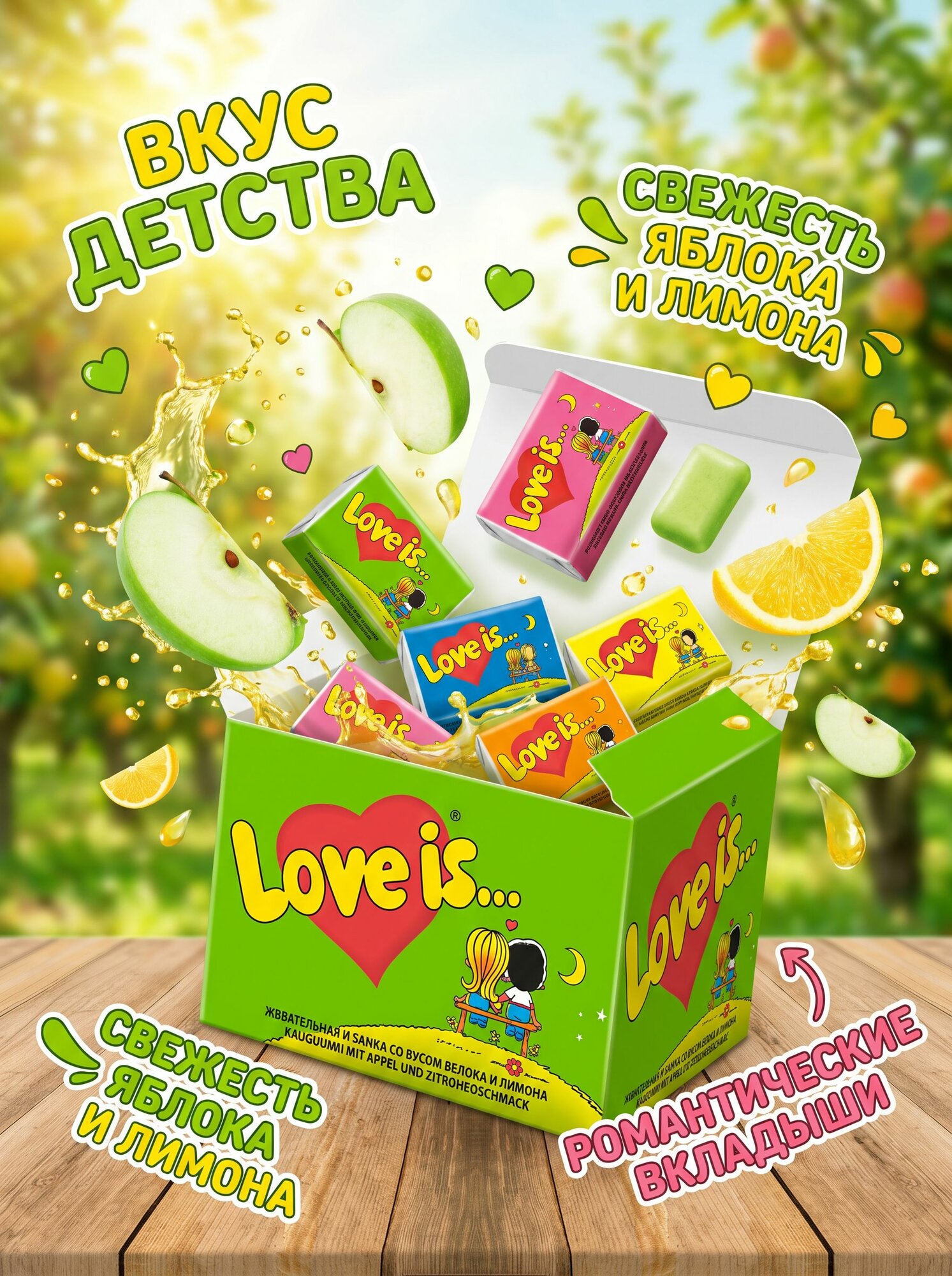 Жевательная резинка Love is "Яблоко-Лимон" зелёный 100*4,2 гр.