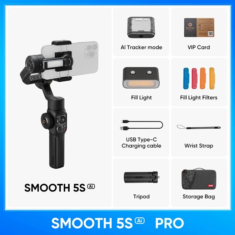 Стабилизатор ZHIYUN Smooth 5S AI Pro, 3-осевой стабилизатор для телефона с AI-трекером, двойной магнитной фиксацией/встроенной подсветкой, сумка для хранения для iPhone