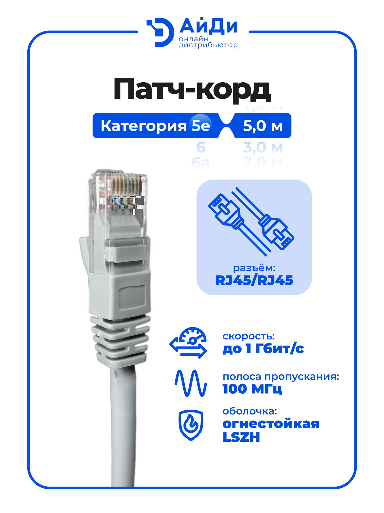 Интернет-кабель, категория 5е, неэкранированный, U/UTP, RJ45-RJ45, 100 МГц LSZH, AWG24 5м, серый
