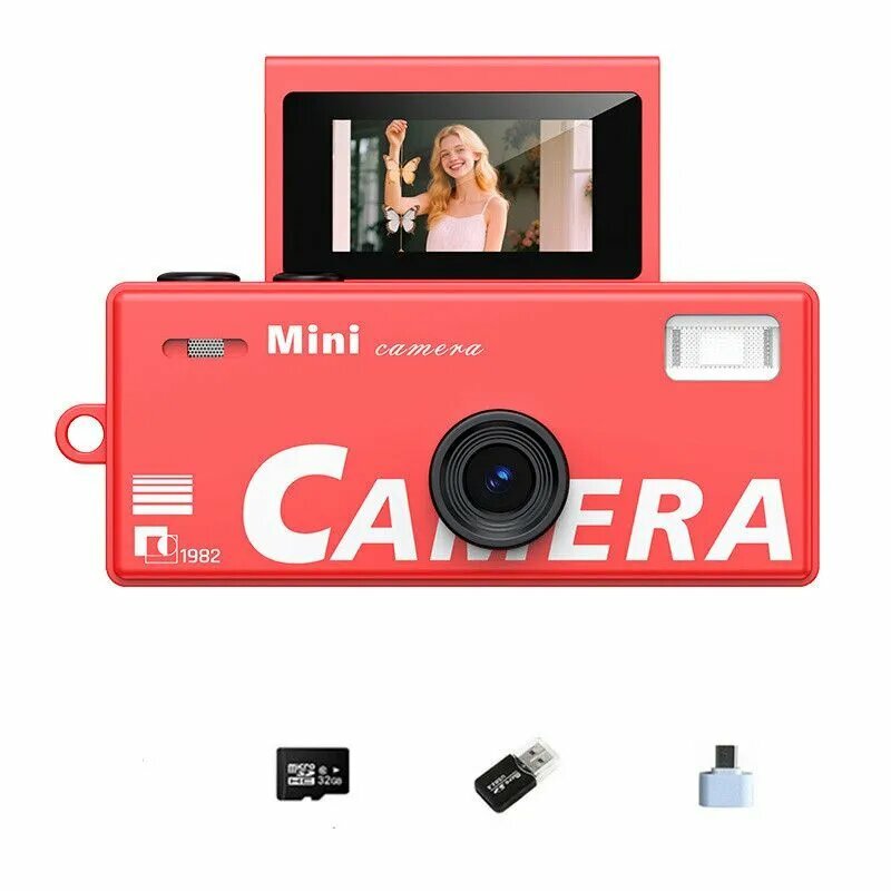 Мини-камера ретро Thumb Camera 1982, портативная цифровая видеокамера с вспышкой и поворотным экраном, 32ГБ, для блогеров и стильный аксессуар