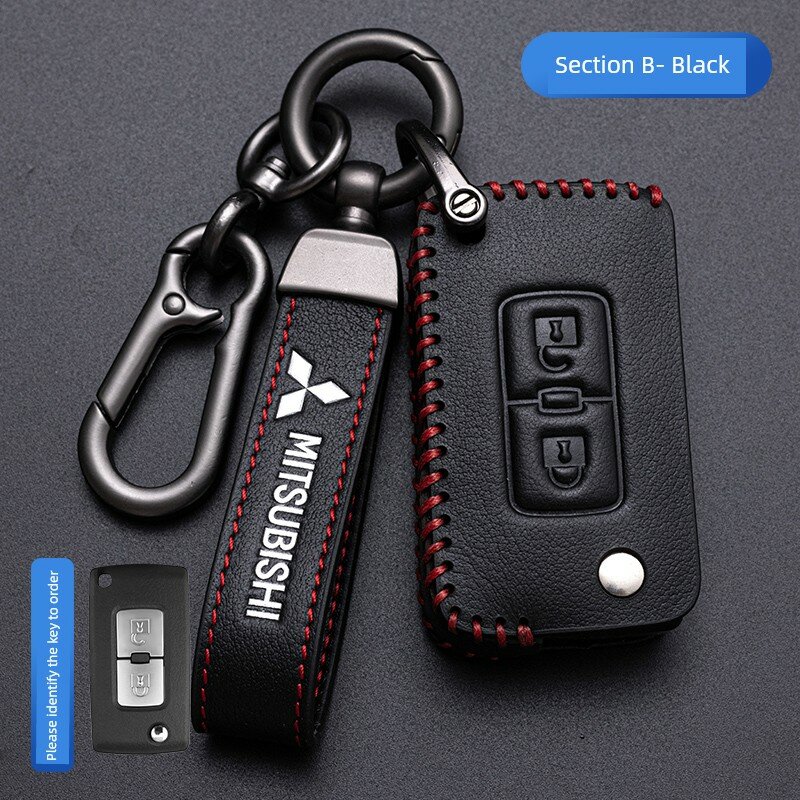 Премиум кожаный чехол для ключей Mitsubishi Outlander, черный с ремешком и чехлом, модель B