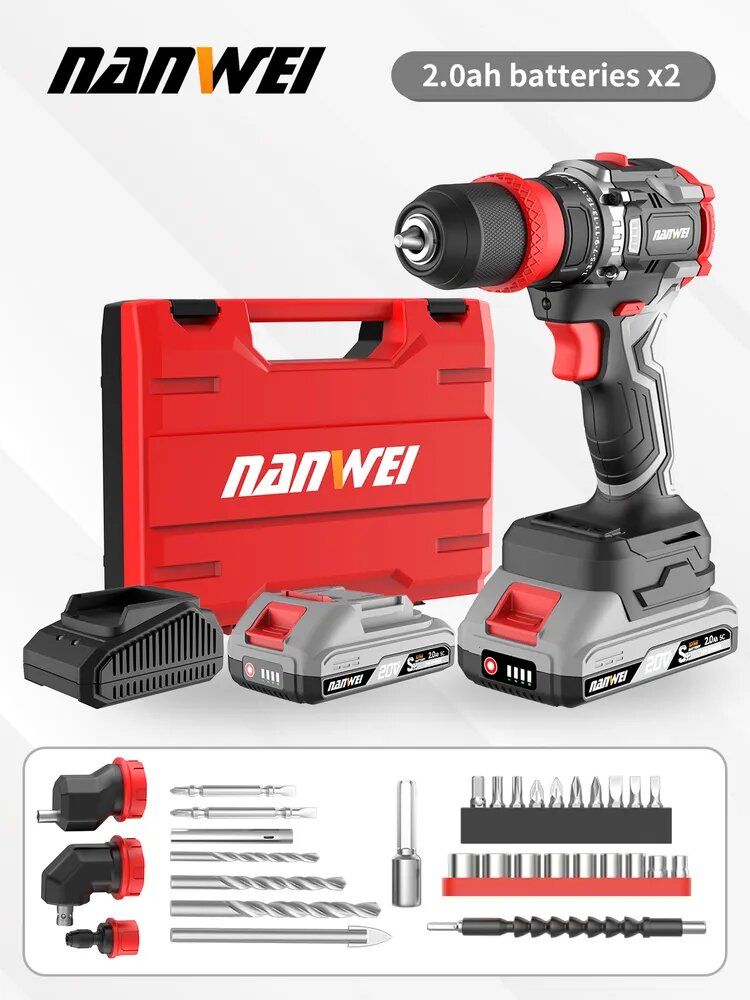 NANWEI D5219P Бесщеточный 50 Нм Многофункциональная отвертка 4 в 1 на 20 В с несколькими насадками(Аккумуляторы 2,0 Ач x2)