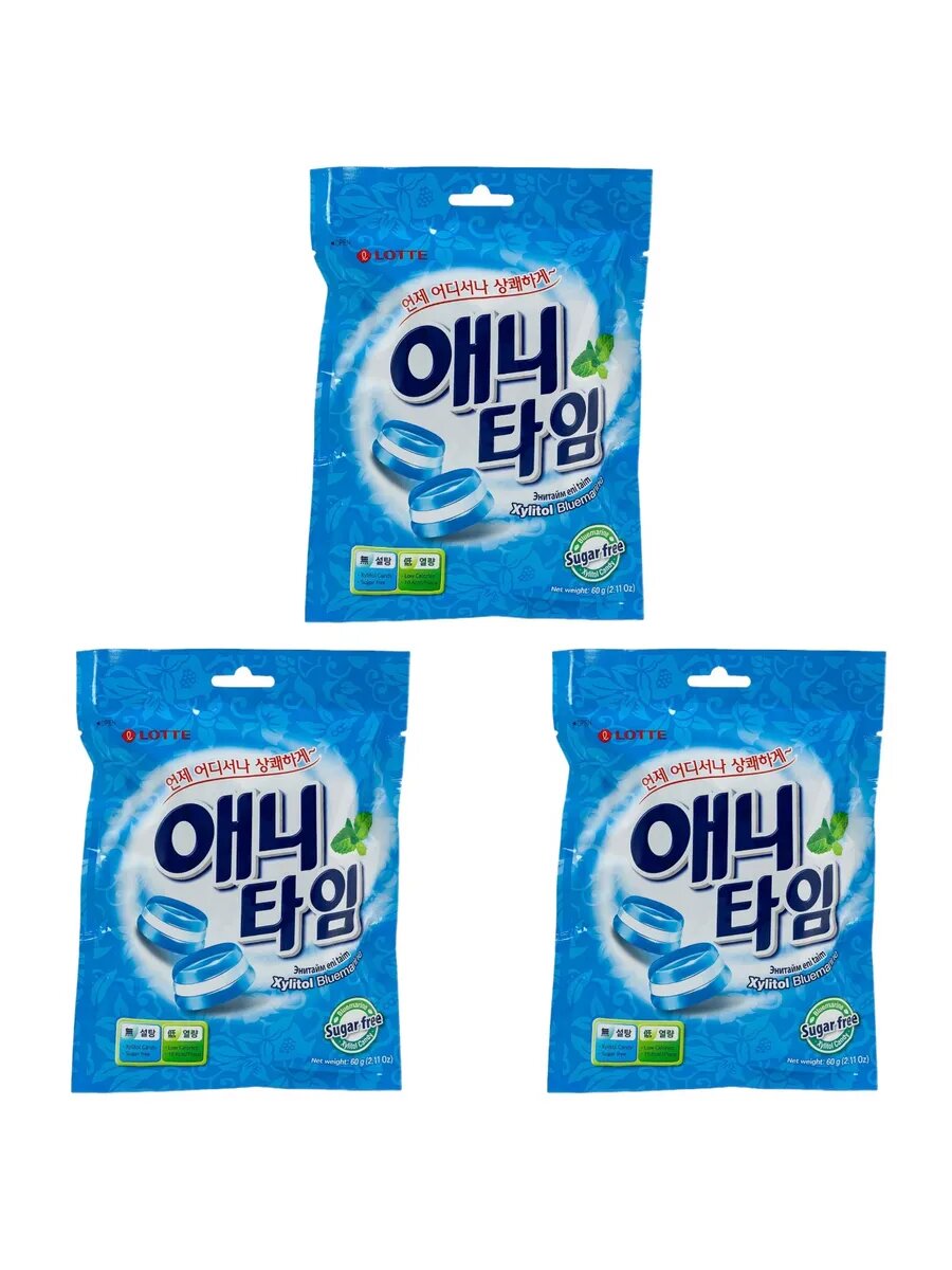 LOTTE Anytime Леденцы без сахара со вкусом освежающей мяты, 3 уп по 60 г