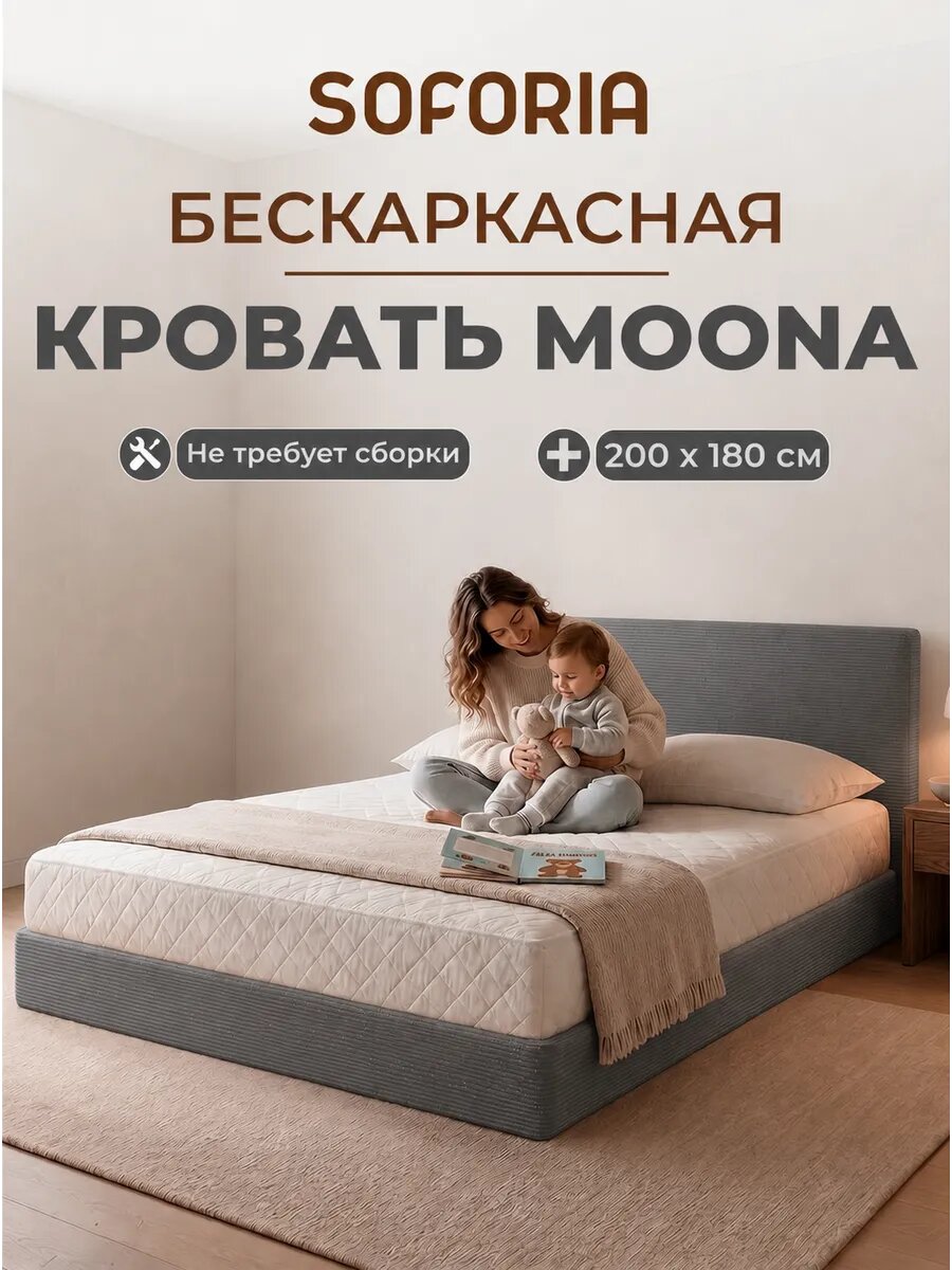 Бескаркасная двуспальная кровать MOONA 180х200, серый SOFORIA