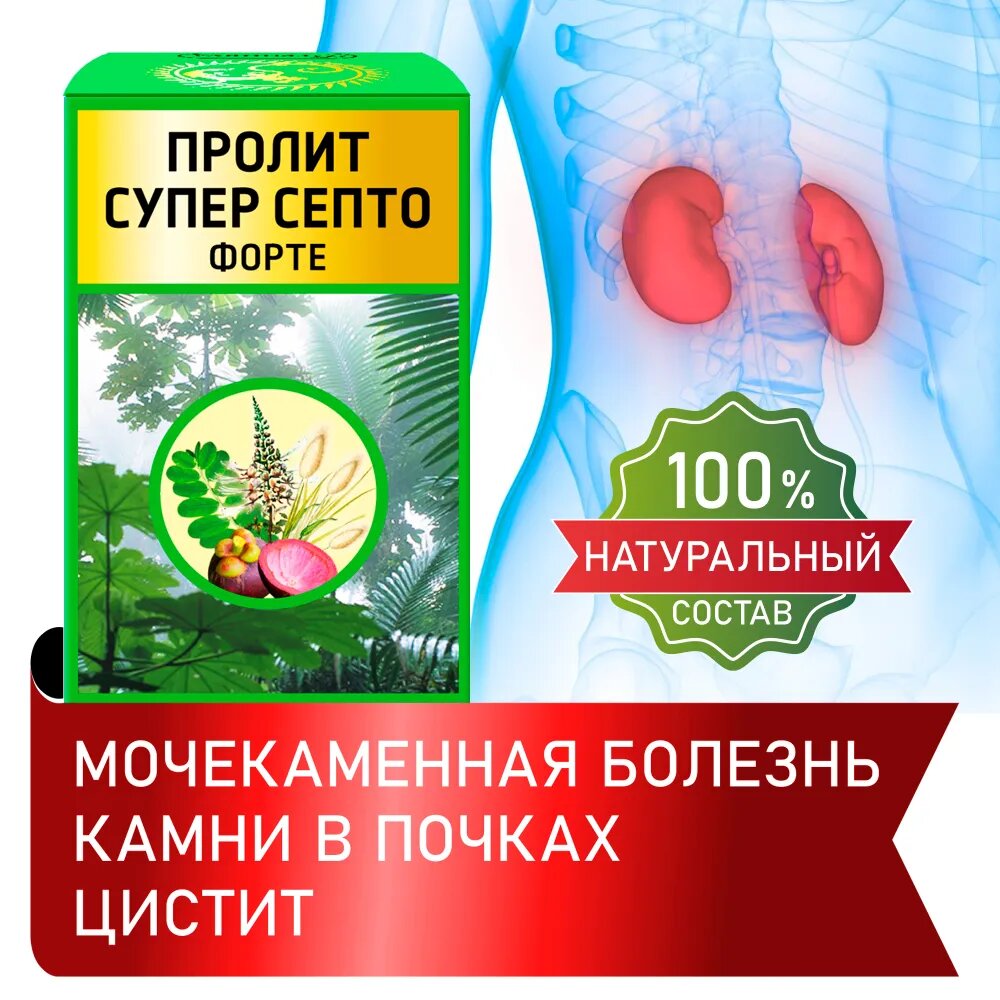 Пролит Супер Септо Форте БАД, профилактика и лечение урологических нарушений, выведение камней и песка из почек, препарат антиоксидант на растительной основе, травяной сбор, капсулы 650 мг