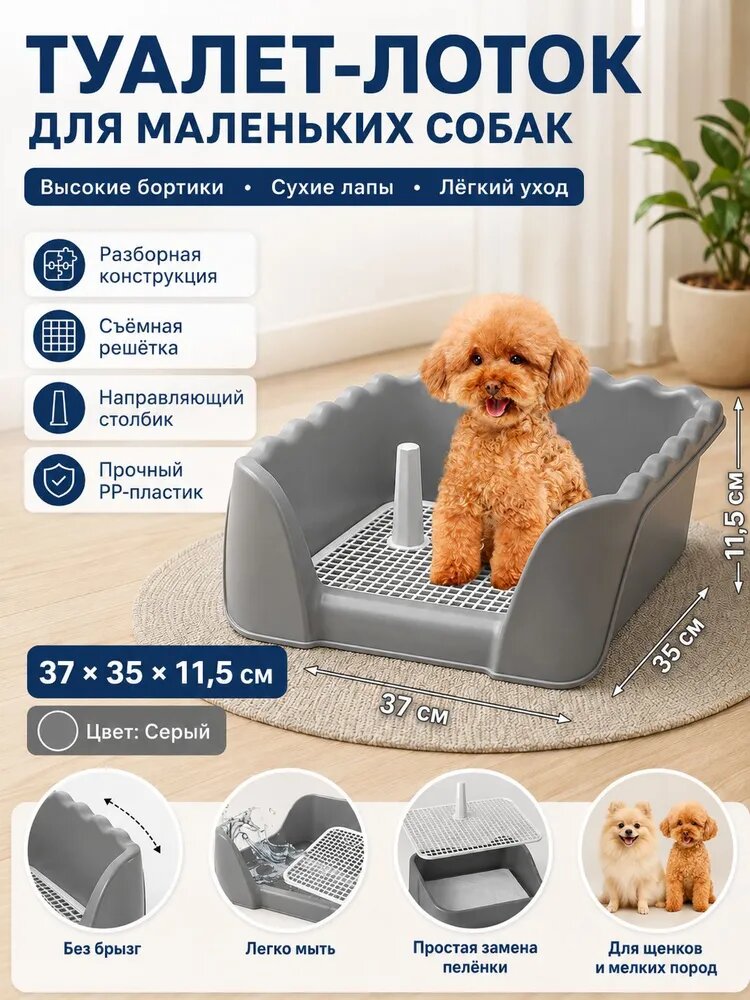Туалет-лоток для маленьких собак 37 *35* 11,5 см с высокими бортиками, съёмной решёткой и направляющим