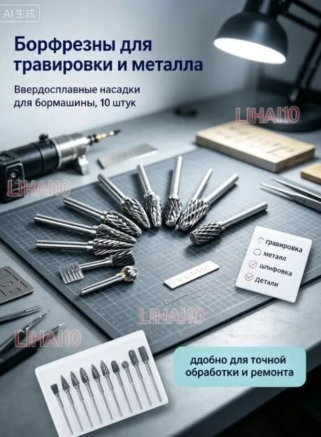 Набор твердосплавных борфрез, шарошек по металлу для гравера из сплава карбида вольфрама / Насадки для бормашины, фрезы по металлу, 10 шт, хвостовик 3 мм