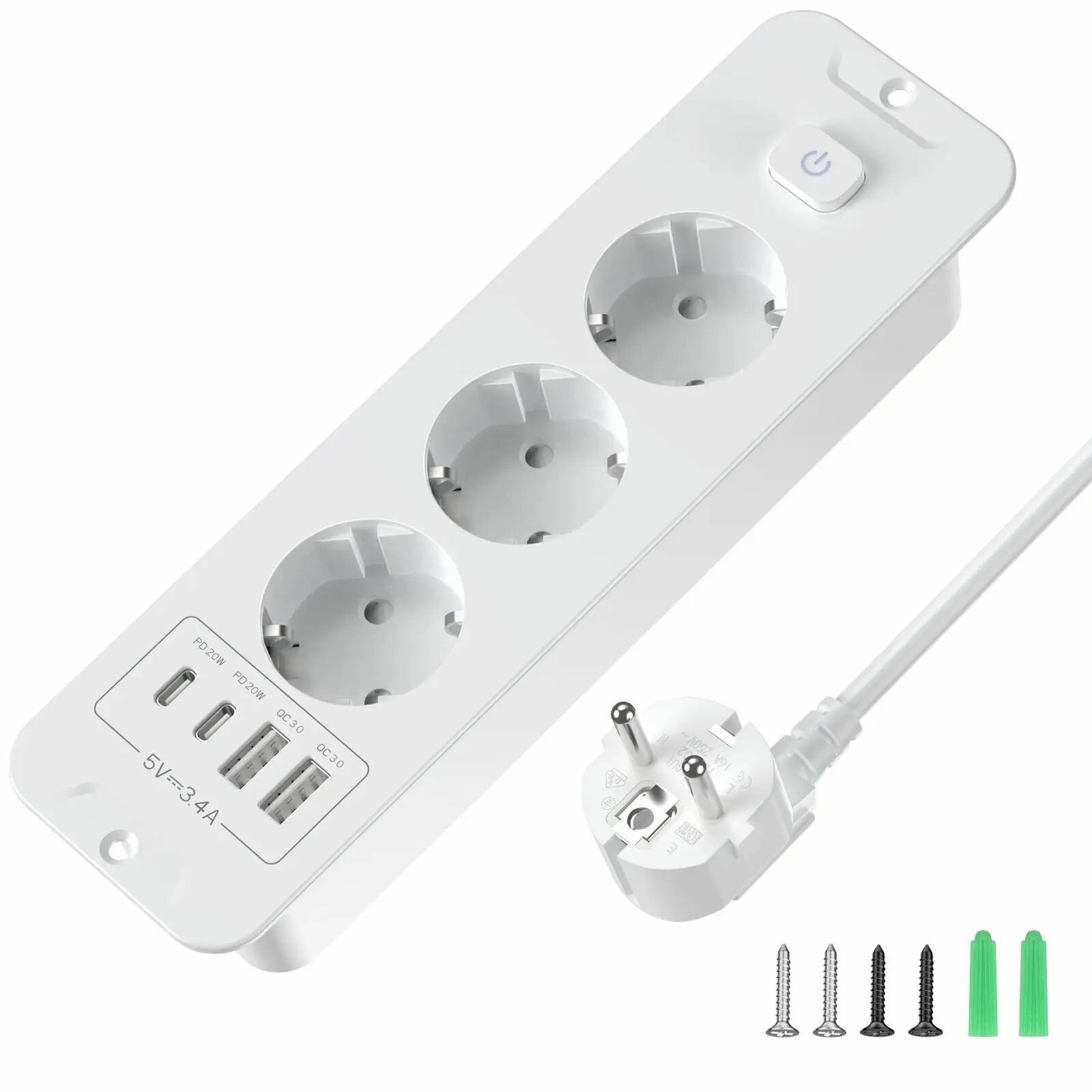 Встраиваемый удлинитель с 3 розетками и 2 USB + 2 Type-C (быстрая зарядка), выключатели, защита от перегрузки, 4000W 16A 250V, огнестойкий и пылезащитный