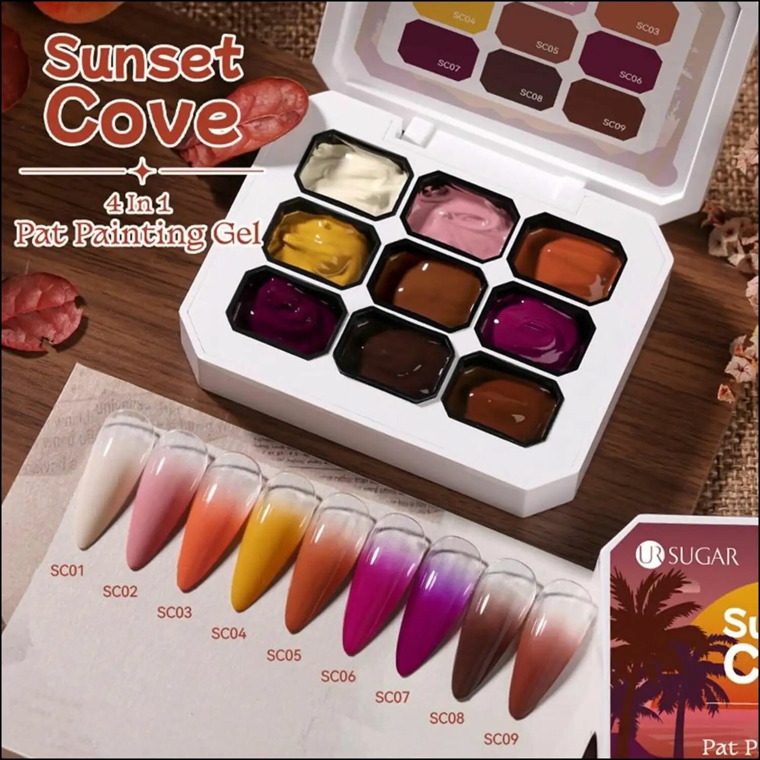 Гель-лак UR SUGAR для многоцветного маникюра Sunset Cove, 9 оттенков в восьмигранной палетке