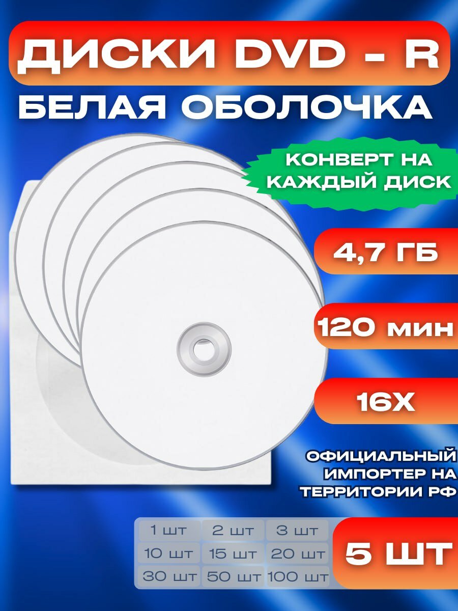 Диск DVD-R (двд-р) для записи 4.7Gb 16x Printable в бумажном конверте с окном 5 шт.