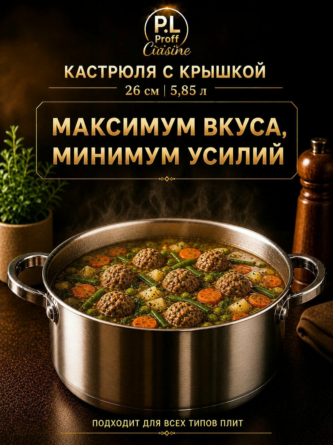 Кастрюля 5.8 л с крышкой P.L. Proff Cuisine New Kitchen Honeycombs TRI-PLY, нержавеющая сталь, индукционная, 26 см, антипригарная