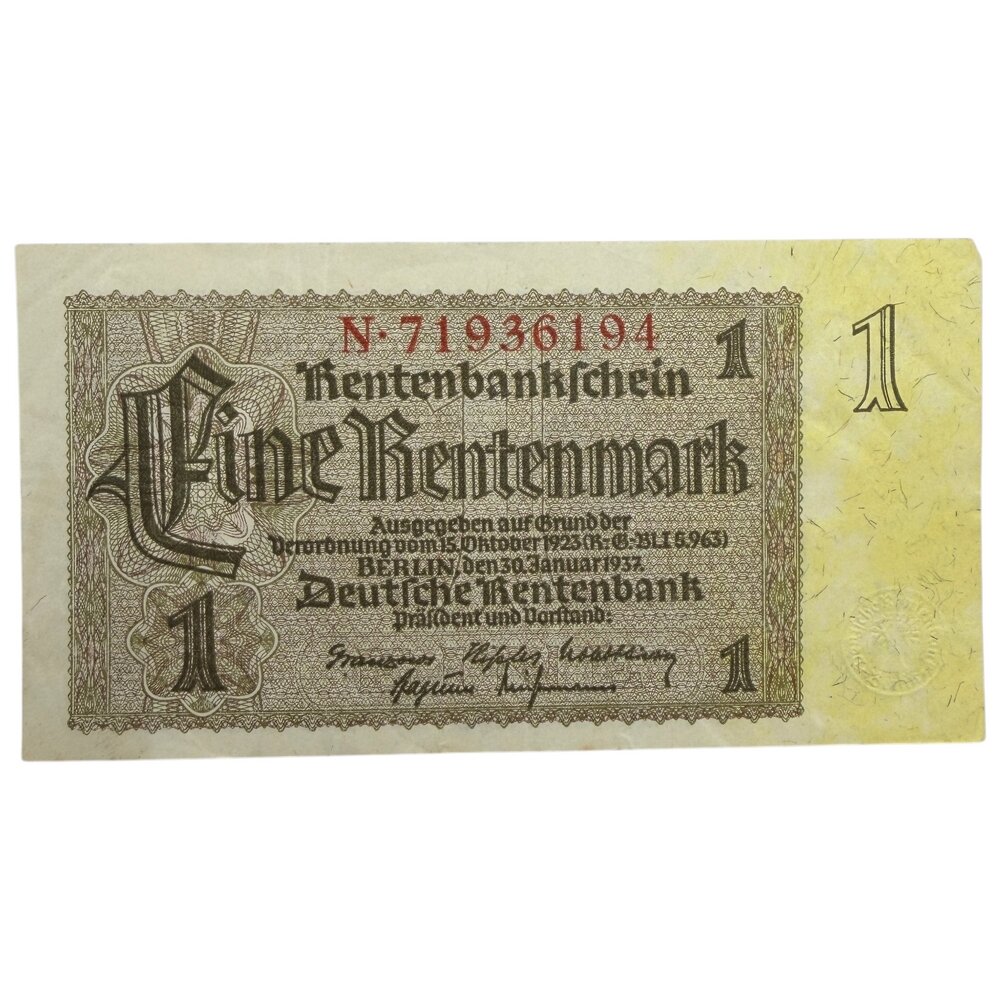 Третий Рейх (Германия) 1 рентенмарка (марка) 1937 г. (Серия N) (8-значный номер)