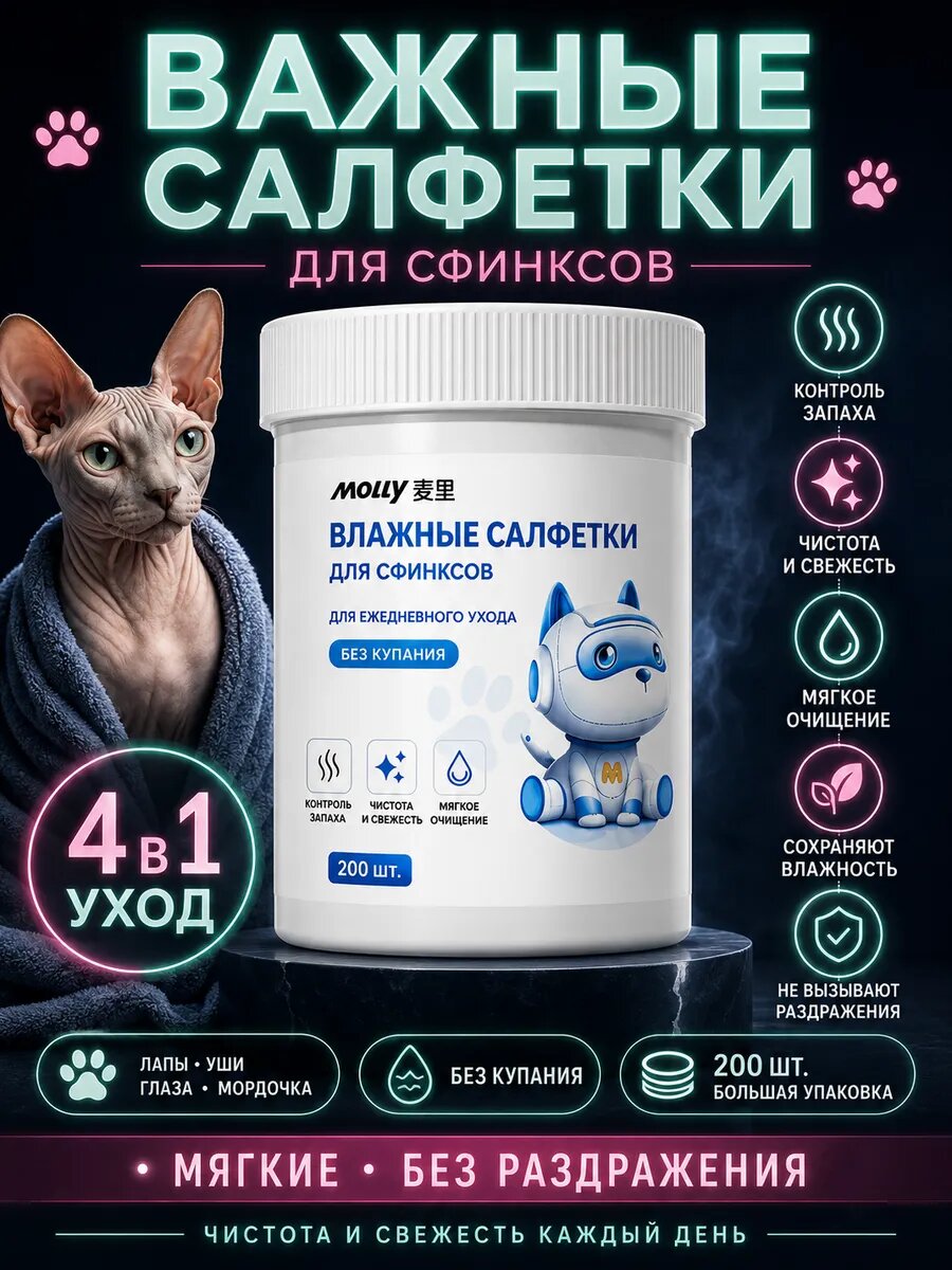 Салфетки для уборки бесшёрстных кошек