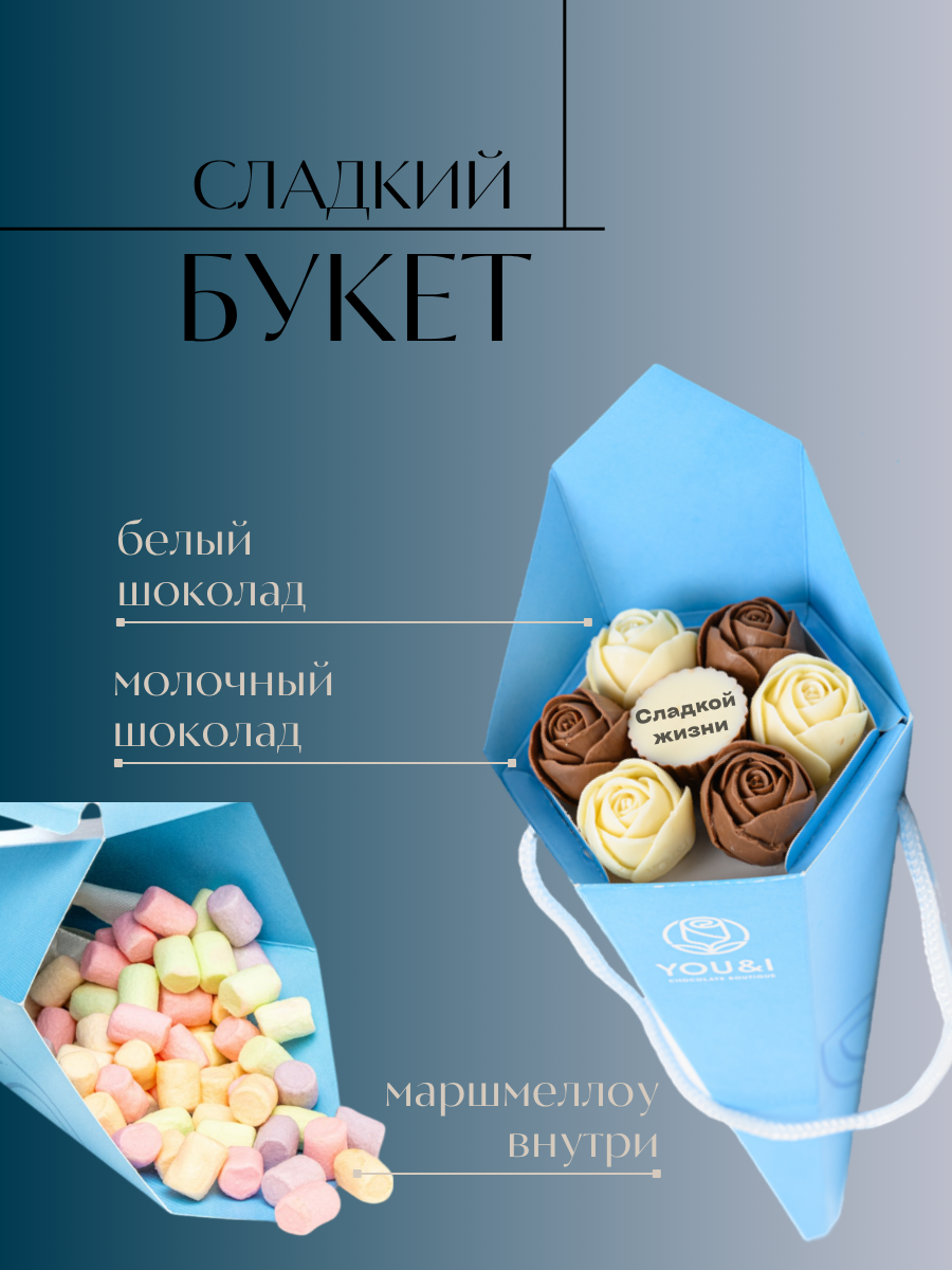 Сладкий букет из 7 шоколадных роз с конфетой с поздравлением - Сладкой жизни