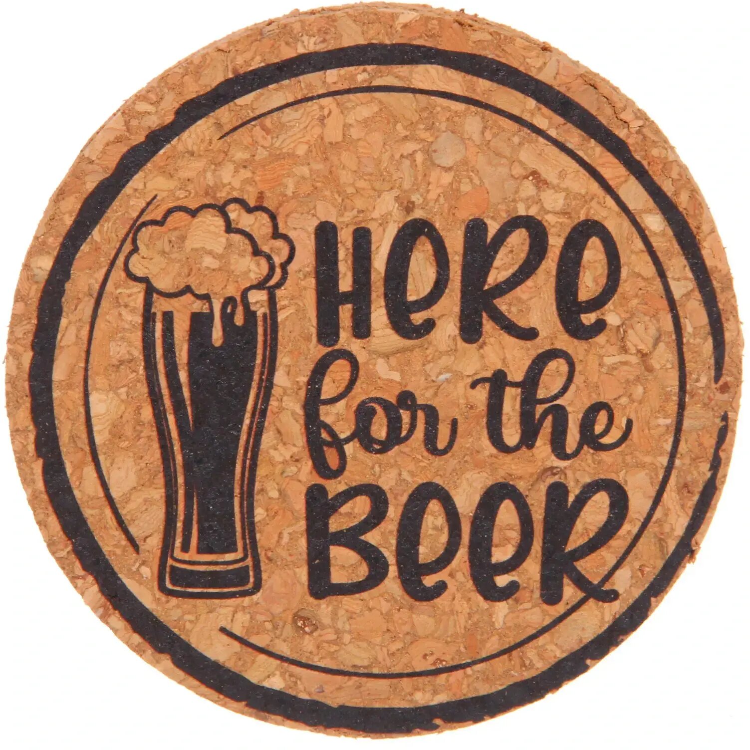 Подставка под кружку 9 см из пробки, круглая с надписью «HERE for the BEER»