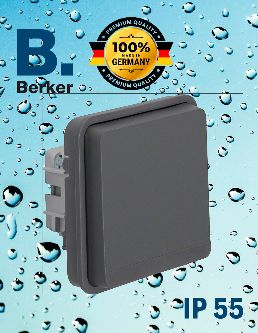 Berker W.1 / Hager Механизм влагозащищенной розетки Schuko с крышкой, 16 А 250 В, Push-in, для системы IP55, WNA160, 47063515