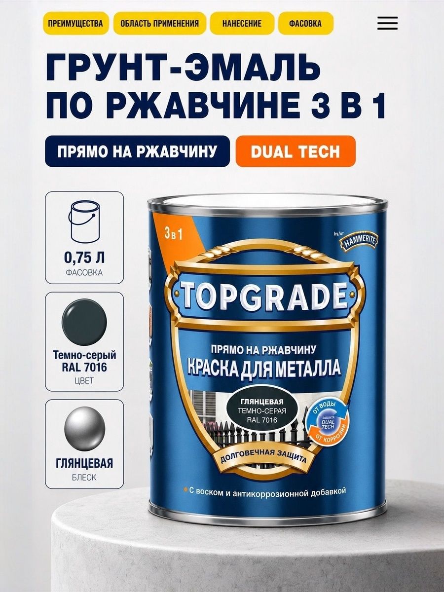 Грунт-эмаль по ржавчине 3 в 1 гладкая HAMMERITE/TOPGRADE, Краска по ржавчине для металла, алкидная, глянцевая, темно-серый RAL 7016, 0,75 л