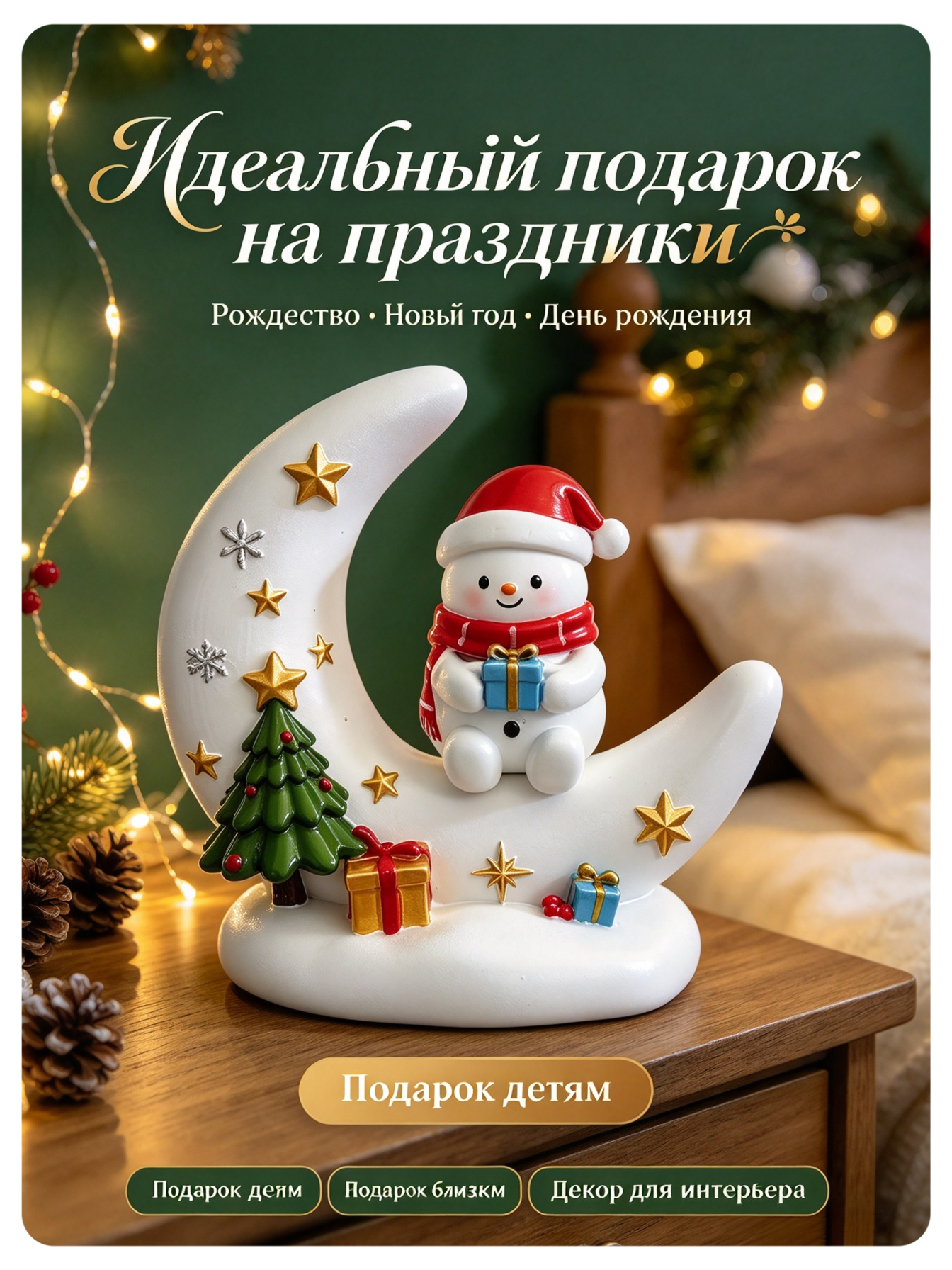 Настольный декоративный светильник, уютный сувенир‑украшение для интерьера дома, подарок на Новый Год и Рождество