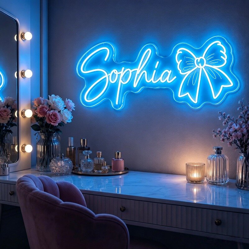 Светодиодная неоновая вывеска с индивидуальным именем и бантом, акриловая LED-подсветка на стену в форме облака, регулируемая по яркости через USB, декор для спальни и фотозоны, синий цвет, 5 дюймов (1 буква)