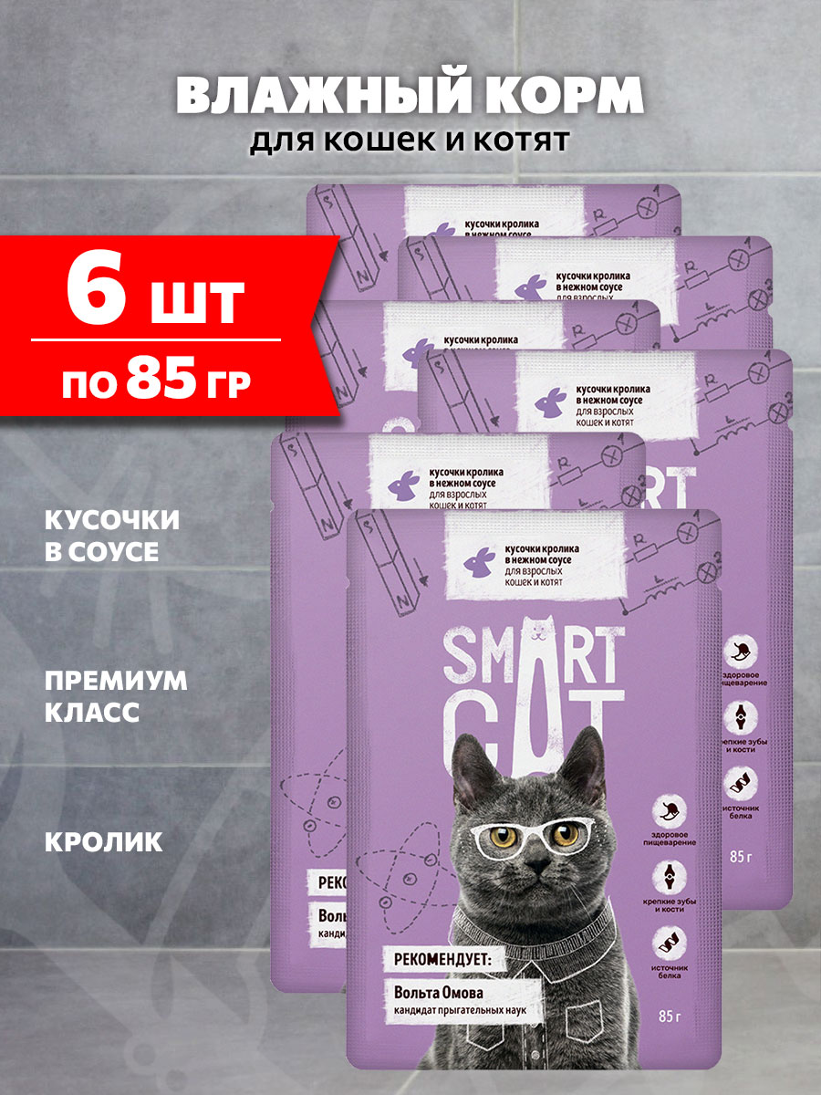 Корм влажный Smart Cat для кошек и котят, кусочки, кролик в соусе, 85 г 6 шт
