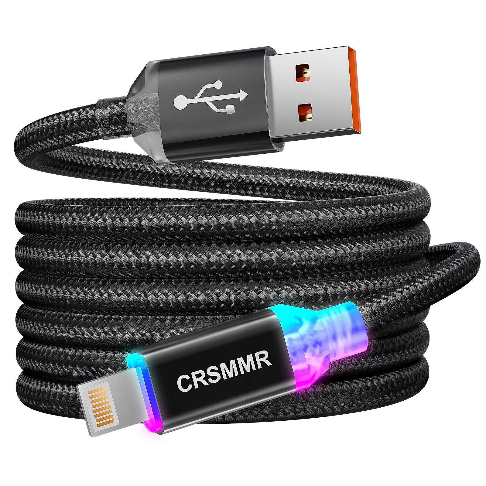Кабель для зарядки и передачи данных USB-A на Lightning с подсветкой, нейлоновая оплетка, прочный, не запутывается, длина 300 см, черный