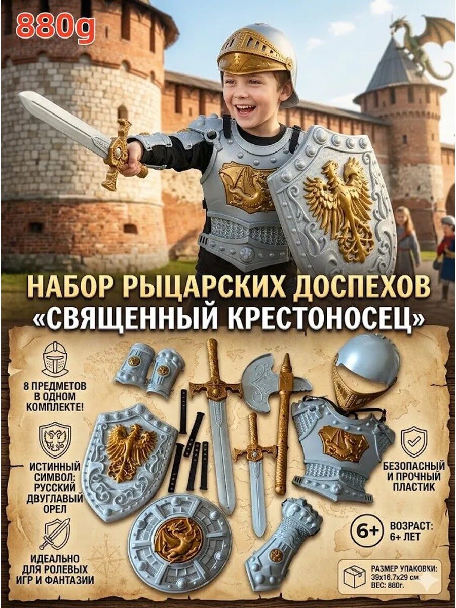 Набор рыцарских доспехов для детей: шлем, щит, меч и топор для ролевых игр