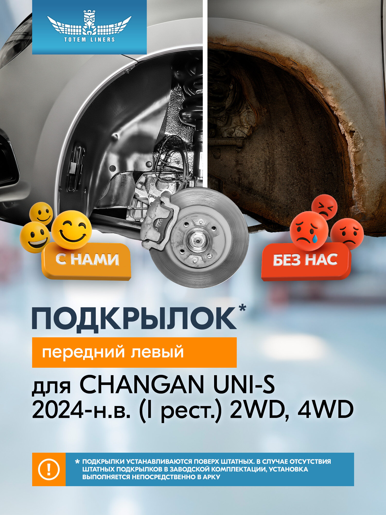 Подкрылок (локер) для CHANGAN UNI-S 2024 -н. в. (I рест.) 2WD/4WD Totem Liners, передний левый, 1 шт. / Чанган Юни-С