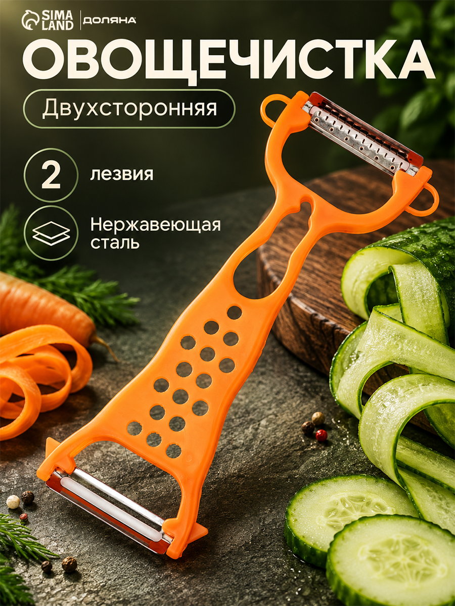 Овощечистка Доляна «Горох», двухсторонняя, 16 см, цвет оранжевый