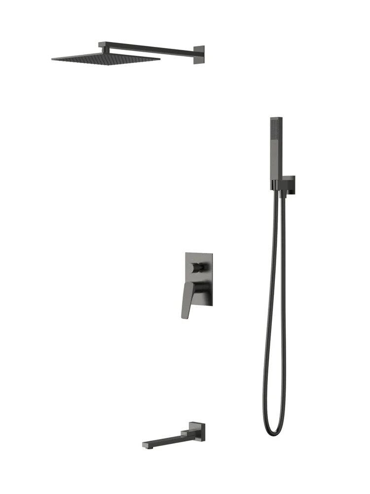 Душевой комплект Vincea Puro VSFW-5P1GM 5 в 1, встраиваемый, с внутренней частью в комплекте, со смесителем, с изливом, с тропическим душем, латунный, вороненая сталь, матовый, душевая система