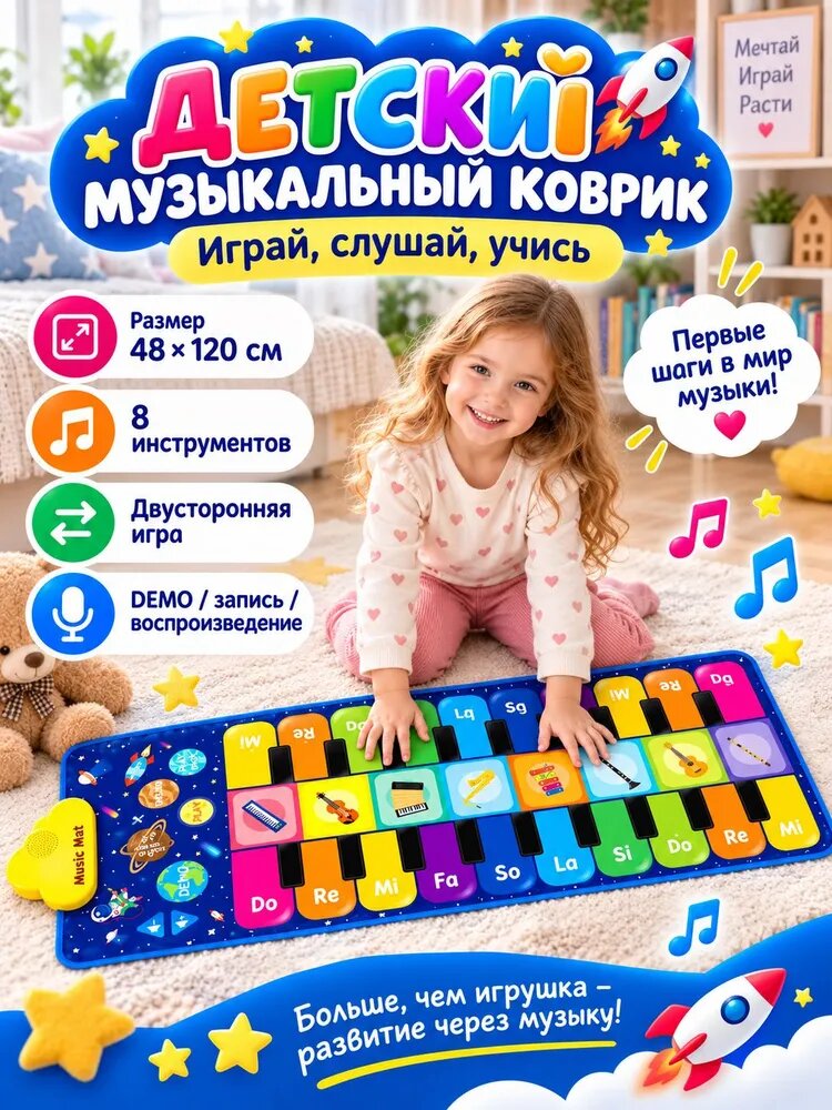 Пианино детские музыкальное, игрушечный синтезатор для детей, танцевальный коврик 120 см-cjx2